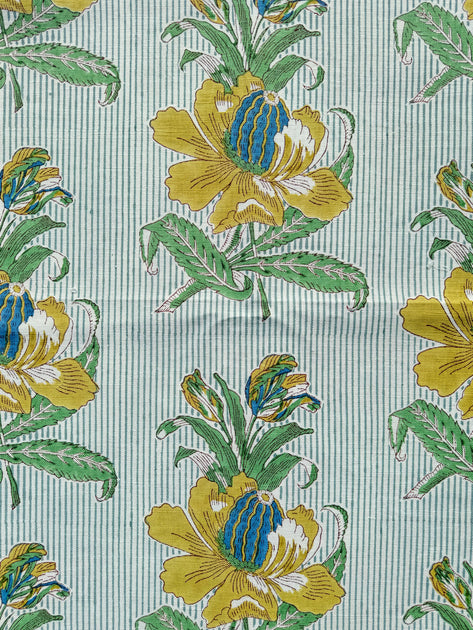 Denim Blue/Citron - F Dancing Tulip Fabric | Linen-Cotton Blend ...