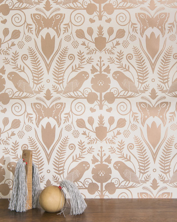 Rose Gold on Cream Barn Owls Wallpaper – Luxury 5-Yard Roll for Décor ...